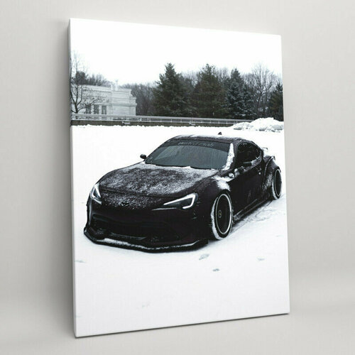 Картина на холсте (интерьерный постер) "Черный автомобиль зимой", с деревянным подрамником, размер 30x40 см
