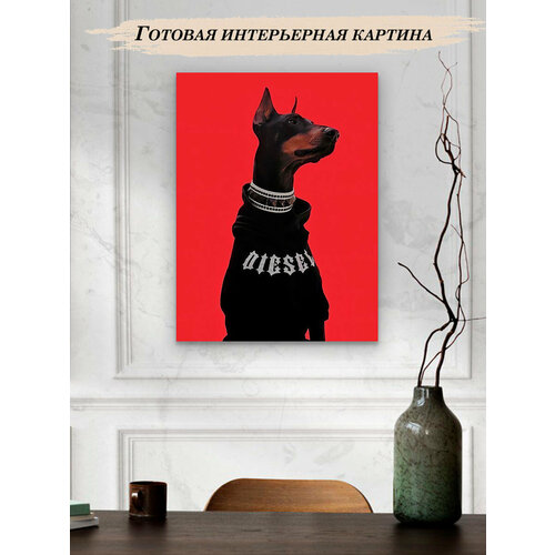 Картины для интерьера 20х30 Доберман черная собака в худи