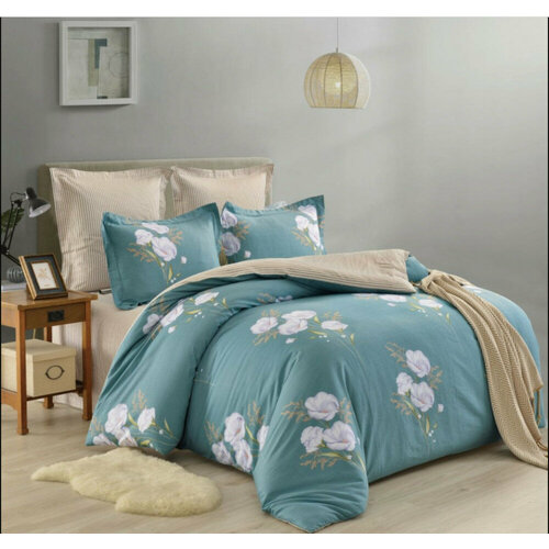 Семейное постельное белье сатин двустороннее бирюзовое с цветами