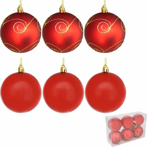 Елочные шары КНР "Узоры", красные, 8 см, 6 шт