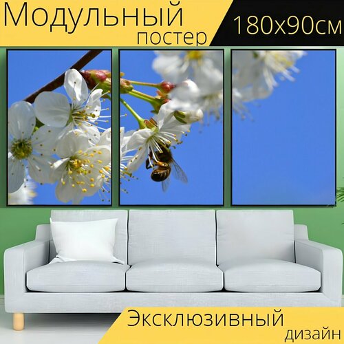 Модульный постер "Пчела, близко, макрос" 180 x 90 см. для интерьера