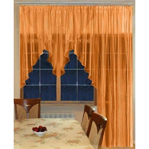 Тюль для окна с балконом на кухню и комнату на ленте ТРИО-1 цвет оранжевый шир. 300 см выс. 240 см