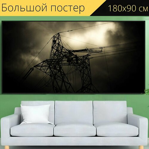Большой постер "Линии электропередач, буря, работа" 180 x 90 см. для интерьера