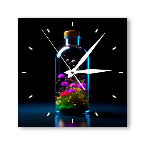 Деревянные настенные часы с УФ принтом 28см, бесшумные кварцевые интерьерные часы без стекла, открытые стрелки, в бутылке цветы
