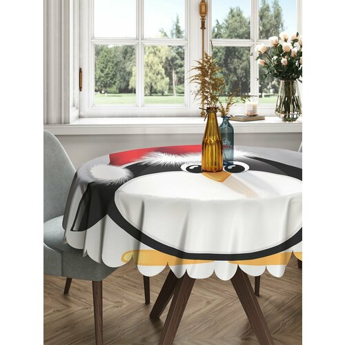 Скатерть круглая тканевая на стол JoyArty с рисунком "Пингвин в шапке" 150 на 150 см