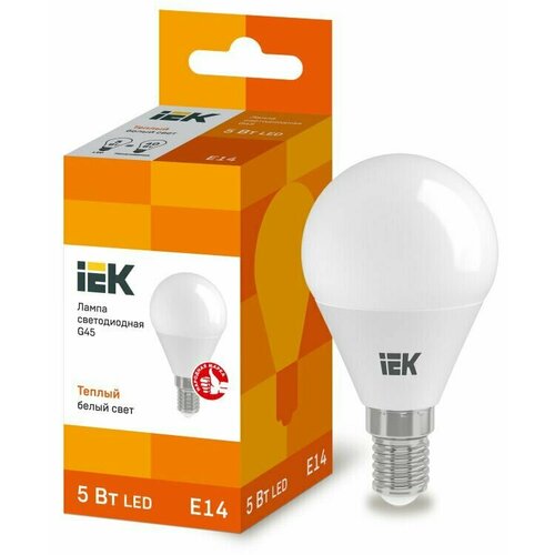 Лампочка Светодиодная IEK Шар 5Вт 230В E14 G45 450Лм 3000К LLE-G45-5-230-30-E14, упаковка 10шт.