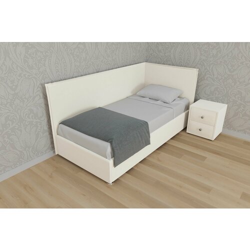 Двуспальная кровать Сеул 140x200 с подъемным механизмом и с коробом для белья велюр белый ножки 5 см угол левый