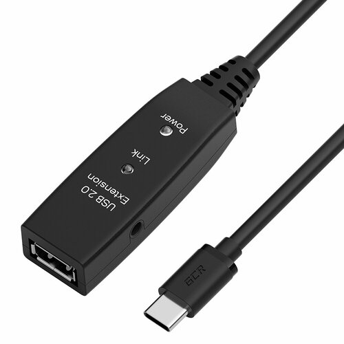 Активный удлинитель USB 2.0 Type-C / AF кабель с усилителем сигнала + разъём для доп. питания LED-индикаторы (GCR-A101) черный 5.0м