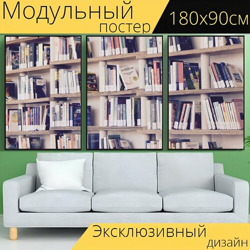 Модульный постер "Книги, библиотека, читать" 180 x 90 см. для интерьера