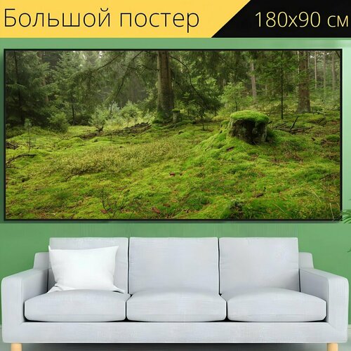 Большой постер "Лес, мох, зеленый" 180 x 90 см. для интерьера
