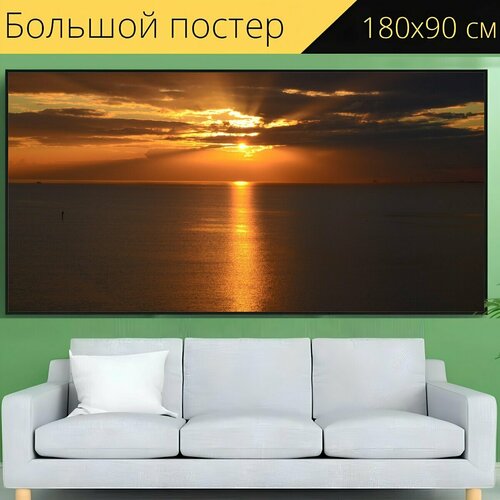 Большой постер "Заход солнца, облака, море" 180 x 90 см. для интерьера