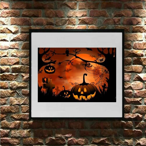 Постер "Тыквы на фоне кровавой Луны" на Хэллоуин (Halloween) от Cool Eshe из коллекции "Праздники", плакат на стену А4 (29,7 х 21 см)