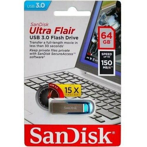 Флешка SanDisk Ultra Flair USB 3.0 64 ГБ, 1 шт, дымчатый серебристый/черный