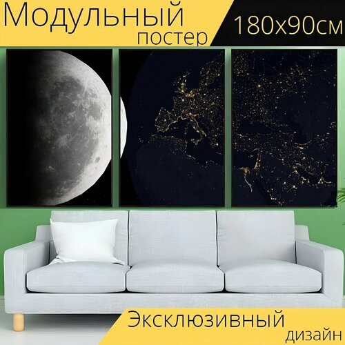 Модульный постер "Земля, луна, орбита" 180 x 90 см. для интерьера