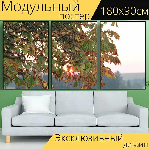 Модульный постер "Осенние листья, утреннее солнце, природа" 180 x 90 см. для интерьера