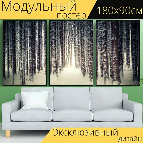 Модульный постер "Снег, лес, поляна" 180 x 90 см. для интерьера