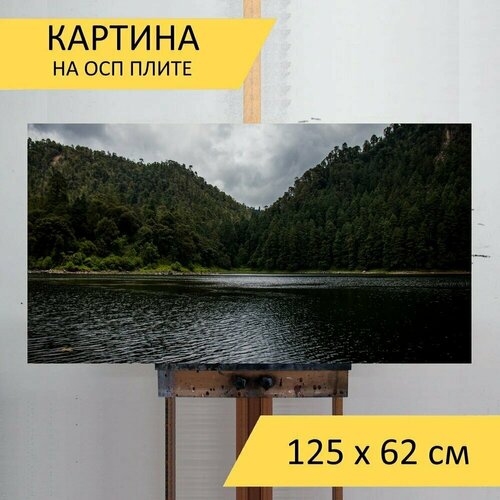 Картина на ОСП 125х62 см. "Лагуна, озеро, горы" горизонтальная, для интерьера, с креплениями