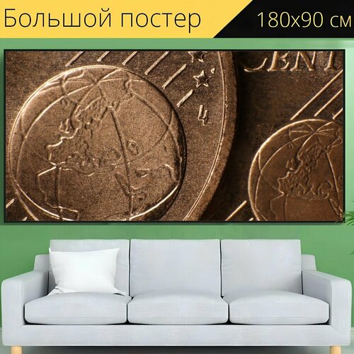 Большой постер "Евро, цент, монеты" 180 x 90 см. для интерьера