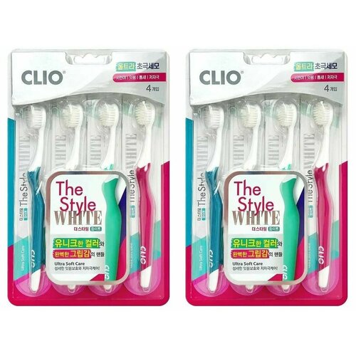 Clio Набор зубных щеток The Style White Ultra Soft Care Toothbrush, 4 шт/уп, 2 уп