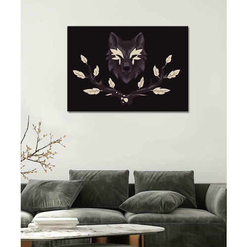 Картина - волк, чёрный волк, волк арт, волк на чёрном фоне 40х60
