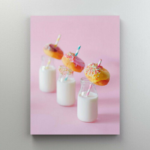Интерьерная картина на холсте "Молочный коктейль с пончиками" для кухни, кафе и ресторанов, размер 45x60 см