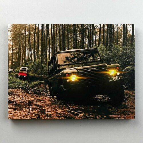 Интерьерная картина на холсте "Черный внедорожник - Land Rover Defender" размер 40x30 см