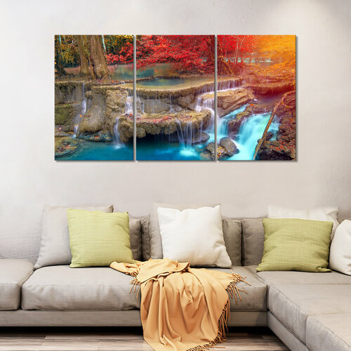 Модульная картина/Модульная картина на холсте/Модульная картина в спальню/Модульная картина в подарок - Маленький водопад и красные деревья 90х50
