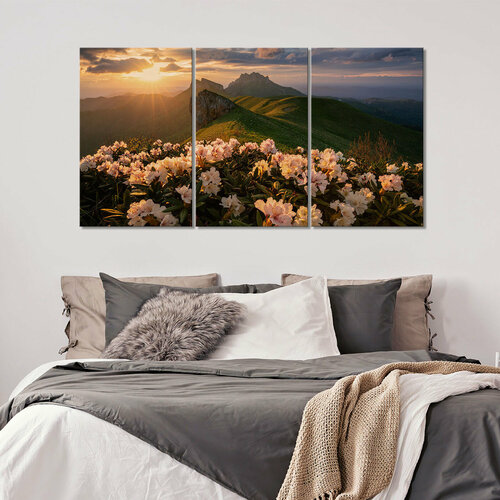 Модульная картина на холсте/ Пейзаж/ Горы и цветы/Landscape/ Mountains and flowers 90х50