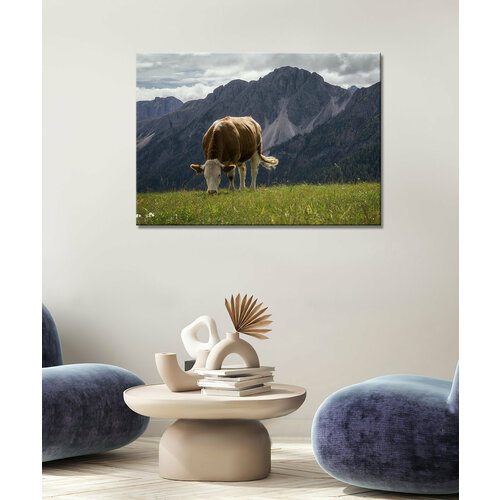 Картина - Корова, коровы на пастбище, пастбище, горы (4) 60х80