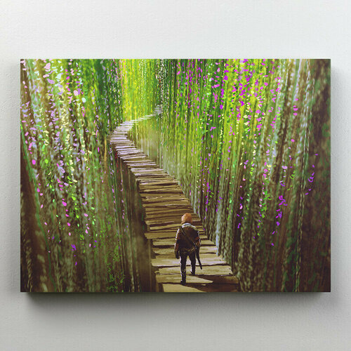 Интерьерная картина на холсте "Человек гуляет по тропинке в зеленых ветвях ивы" размер 60x45 см