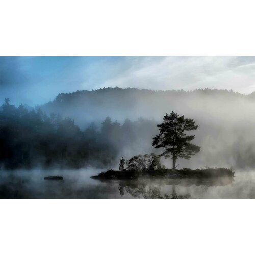 Картина на холсте 60x110 Альянс Лес "Река остров берега туман" на подрамнике / интерьер/ декор