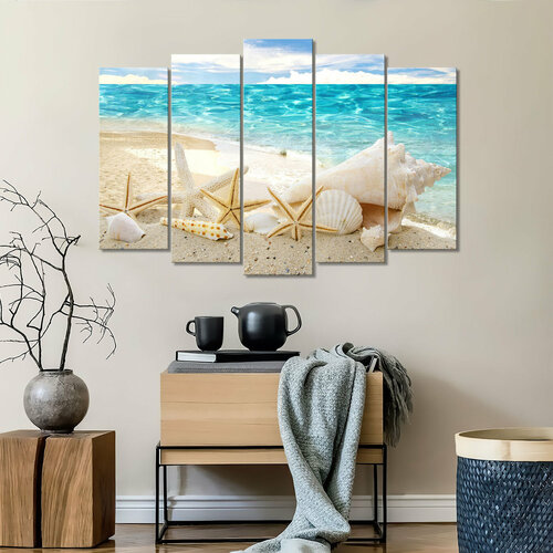 Модульная картина на холсте/ Ракушки на пляже/Seashells on the beach 150х100
