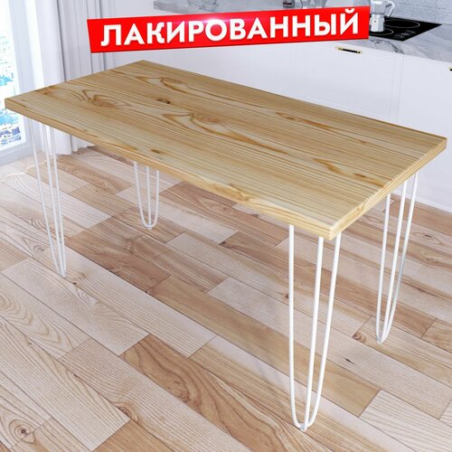 Стол кухонный Loft с лакированной столешницей из массива сосны 40 мм на белых металлических ножках-шпильках, 140х75х75 см