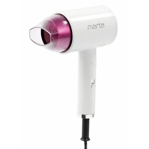 Фен для волос Marta / Марта MT-1261 с защитой от перегрева белый 3 температурных режима 2 мощности 1 насадка 1800Вт шнур 1.55м / для укладки