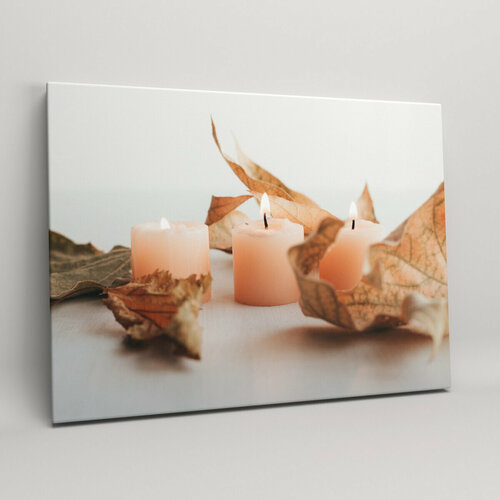 Картина на холсте (интерьерный постер) "Натюрморт - свечи и листья" в скандинавском стиле, с деревянным подрамником, размер 40x30 см