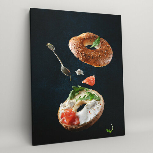 Картина на холсте (интерьерный постер) "Бейгл с семгой" для кухни, кафе и ресторанов, с деревянным подрамником, размер 30x40 см