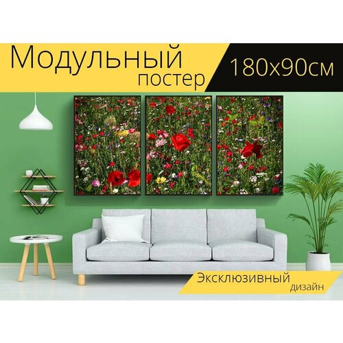 Модульный постер "Цветочный луг, полевые цветы, цветок" 180 x 90 см. для интерьера