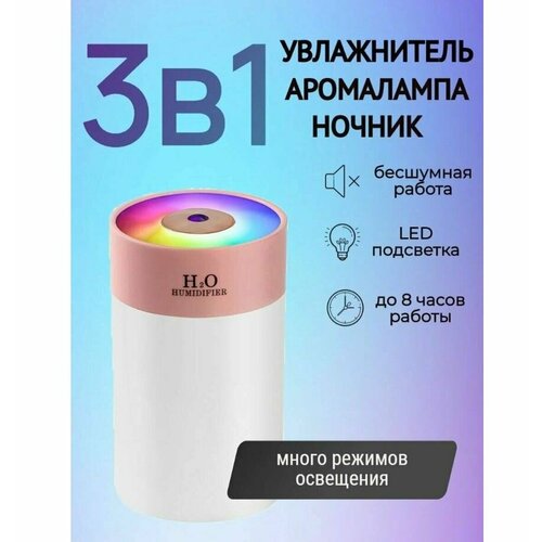Увлажнитель воздуха H2O с подсветкой / Аромалампа / Ночник с функцией увлажнения и ароматизации розовый