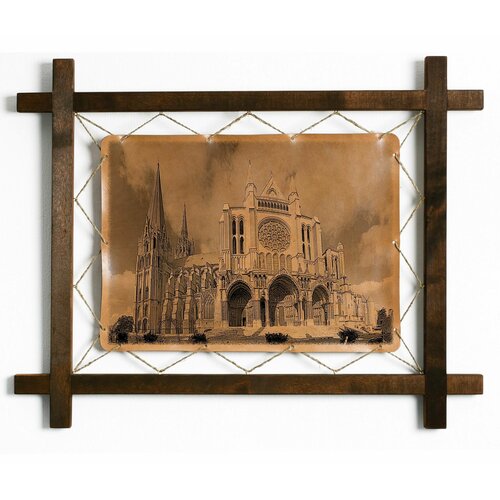 Картина Шартрский собор, Франция, гравировка на натуральной коже, интерьерная для украшения и декора на стену в деревянной раме, подарок, BoomGift