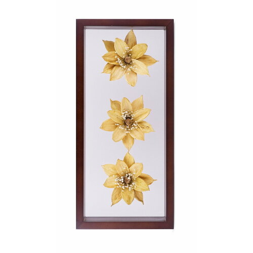 Панно настенное три цветка из сухоцветов с двойным стеклом и деревянной рамкой
