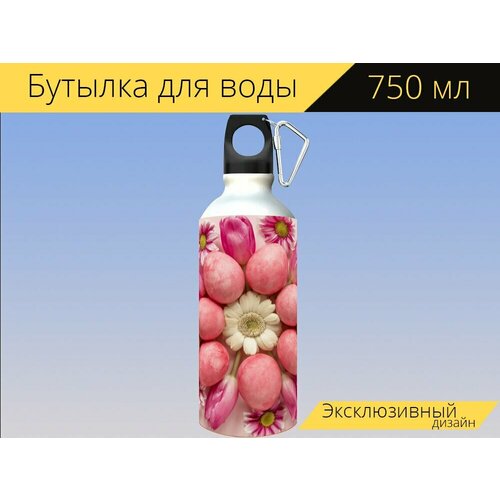Бутылка фляга для воды "Пасхальный, яйца, цветы" 750 мл. с карабином и принтом