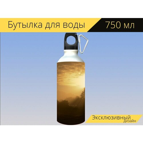 Бутылка фляга для воды "Восход солнца, поле, силуэт" 750 мл. с карабином и принтом