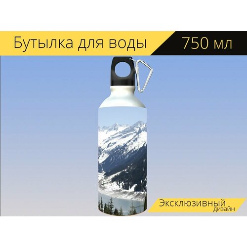 Бутылка фляга для воды "Горы, озеро, снег" 750 мл. с карабином и принтом