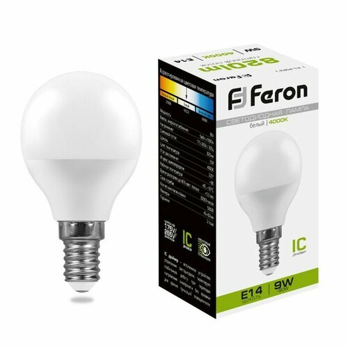 FERON Лампа светодиодная FERON, G45, 9 Вт, Е14, 4000 К, дневной белый