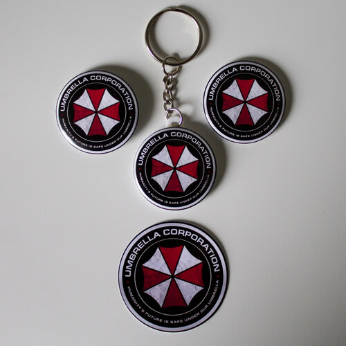 Набор значок магнит брелок ламинированная наклейка стикер Umbrella Corporation из Resident Evil