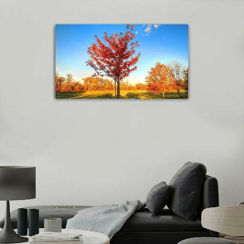 Картина на холсте 60x110 LinxOne "Осень трава небо парк листья" интерьерная для дома / на стену / на кухню / с подрамником