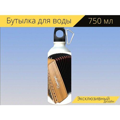Бутылка фляга для воды "Аккордеон, музыкальный инструмент, музыка" 750 мл. с карабином и принтом