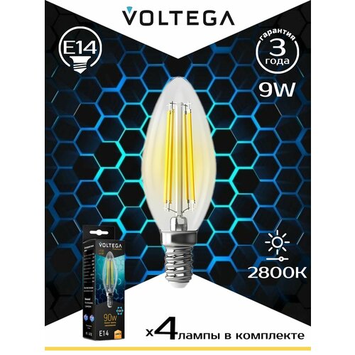 Лампа светодиодная Voltega E14 9W 2800K прозрачная VG10-C35E14warm9W-F 7134, 4шт