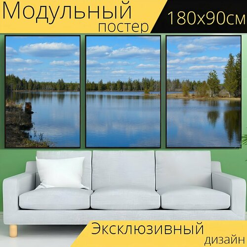 Модульный постер "Отражение, озеро, вода" 180 x 90 см. для интерьера