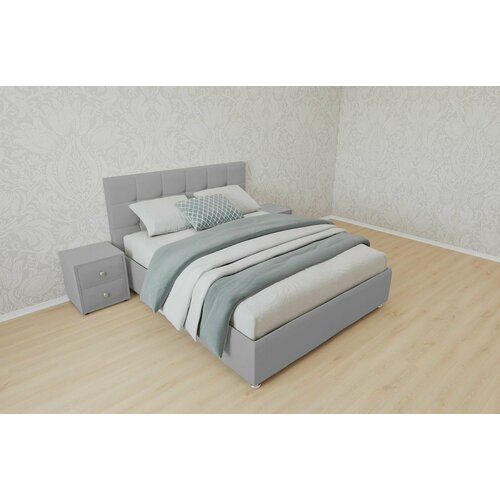 Двуспальная кровать Афина 140x200 основание металлическое с ламелями велюр серый ножки 13 см хром